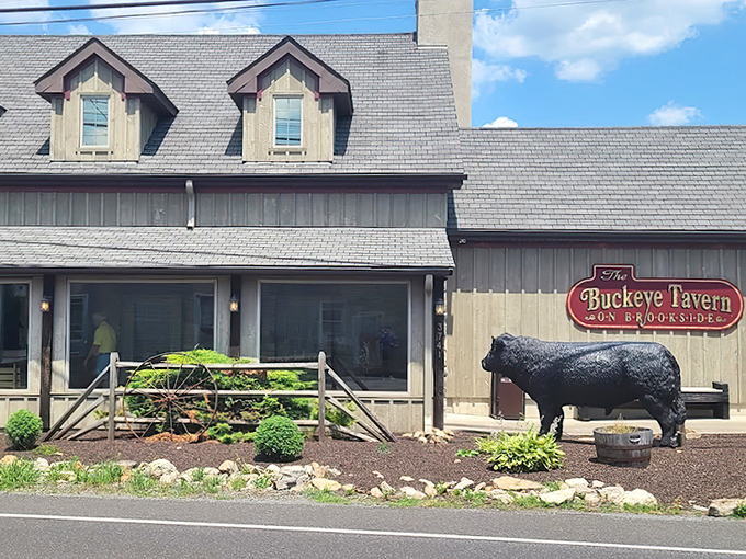 The iconic wooden sign of Buckeye Tavern sways gently in the Pennsylvania breeze, a beacon for hungry travelers since the 1700s.