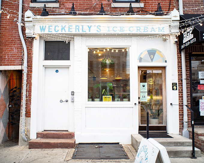 The mint-green storefront of Weckerly's beckons like a cool oasis on a hot Philly day, promising French-style ice cream treasures within. 