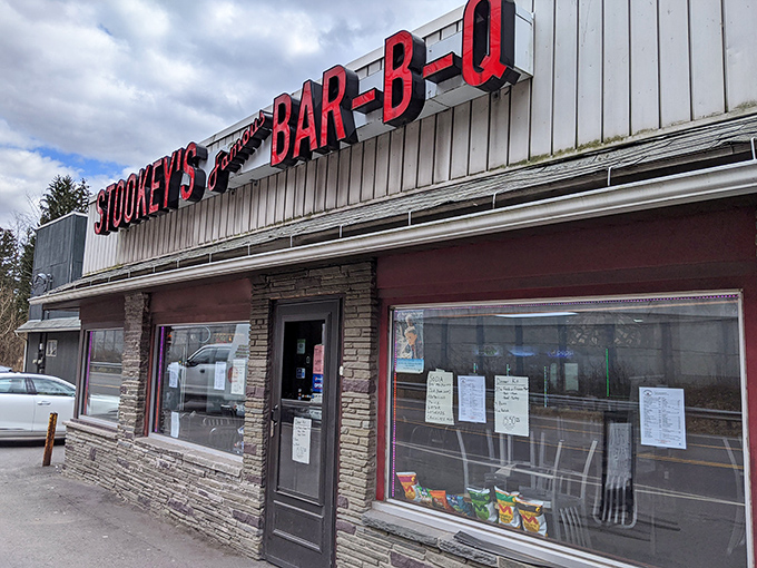 The unassuming stone exterior of Stookey's has been beckoning barbecue pilgrims since 1926. Like a smoky siren call for hungry travelers on Route 11.