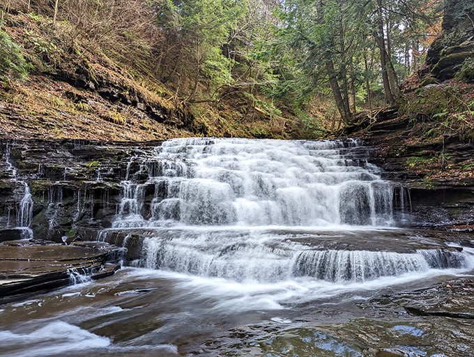 The three-tiered waterfalls at Salt Springs give Niagara a run for its money&mdash;if Niagara were intimate, peaceful, and came with ancient hemlocks as bodyguards.
