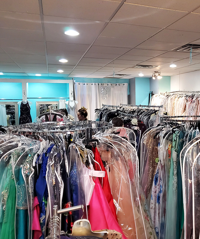 A treasure trove of formal wear awaits inside Style Exchange Boutique, where racks of gowns create a rainbow of possibilities for special occasions.