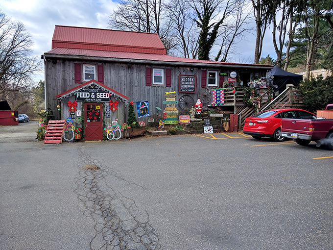 The weathered wooden exterior of Hidden Treasures isn't just selling antiques&mdash;it practically is one. Pennsylvania sunset optional, but highly recommended.