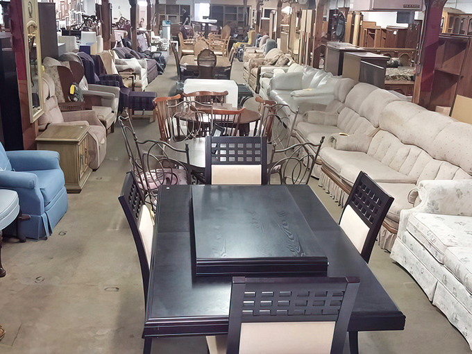 Treasure island alert! Rows of solid wood furniture await new homes, each piece with more character than the last season of your favorite show.