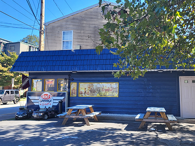 The bright blue exterior of Dad's Garage isn't just eye-catching&mdash;it's a beacon for breakfast pilgrims seeking pancake nirvana in Mechanicsburg.