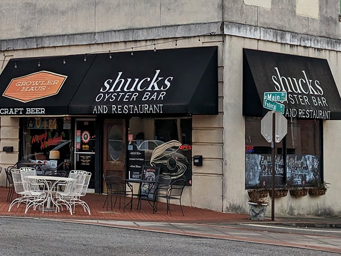 The unassuming corner entrance to Shucks Oyster Bar proves that great seafood doesn't need flashy signage&mdash;just a steady stream of satisfied customers.