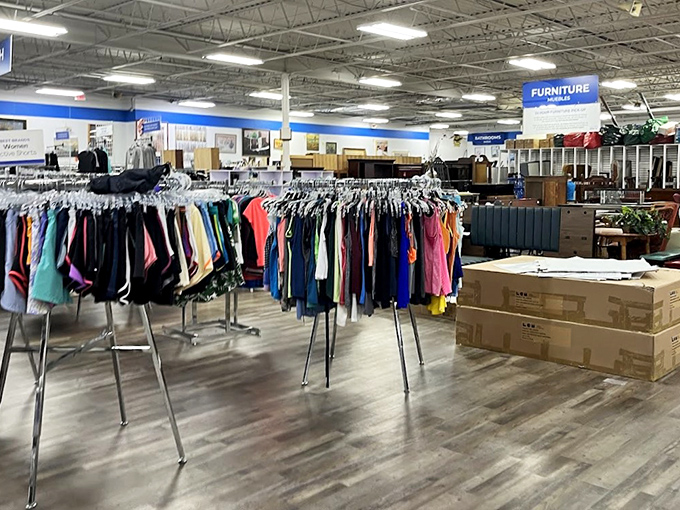 ThriftSmart's expansive layout feels like a treasure map waiting to be explored. Blue signs overhead guide your adventure through this bargain wonderland.