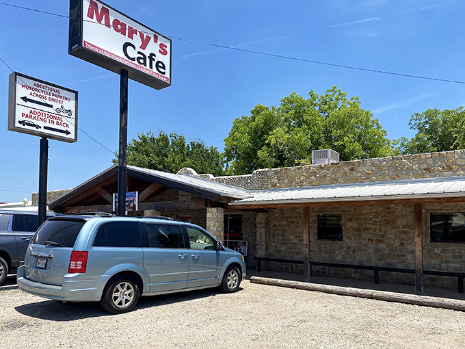 The unassuming stone exterior of Mary's Cafe stands like a culinary lighthouse in tiny Strawn, beckoning hungry travelers from miles around.