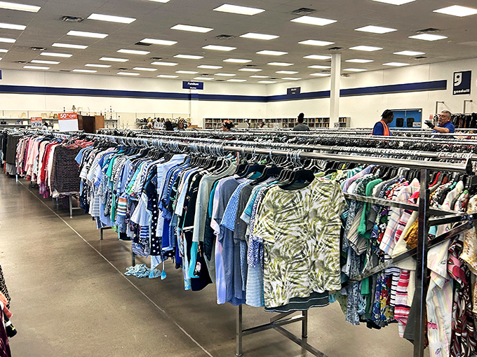Rack after rack of color-coded clothing stretches toward the horizon like a textile sea. Treasure hunters, prepare your carts!