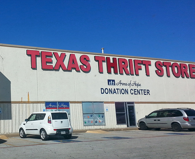 The iconic red lettering of Texas Thrift beckons like a siren song to bargain hunters across the Lone Star State.