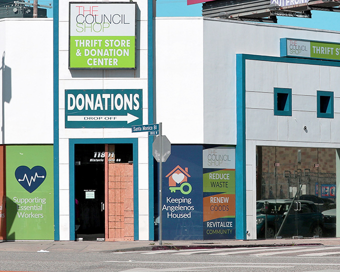 The teal and white exterior of The Council Shop stands out on Santa Monica Boulevard like a beacon for bargain hunters with a conscience.
