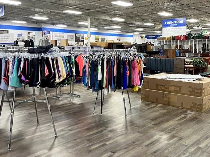 ThriftSmart's expansive layout feels like a treasure map waiting to be explored. Blue signs overhead guide your adventure through this bargain wonderland.