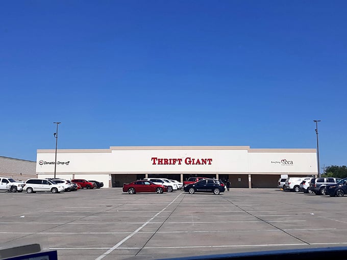 The unassuming exterior of Thrift Giant belies the wonderland within—like finding a portal to bargain heaven disguised as a strip mall storefront.