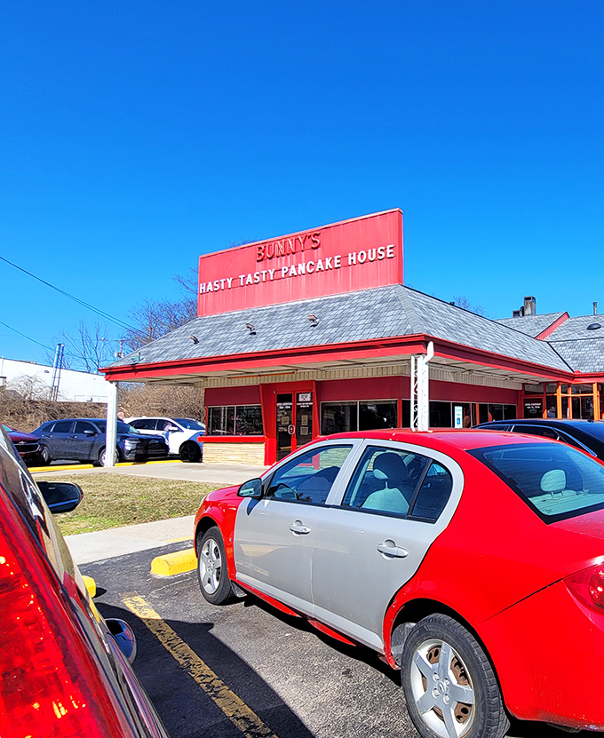 The bright red roof of Bunny's Hasty Tasty stands out like a beacon of breakfast hope against the Ohio sky.