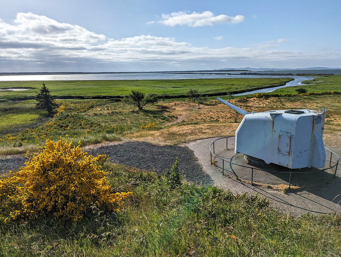 Where history meets horizon: Fort Stevens' military battery stands sentinel over the Columbia River mouth, a concrete reminder of Oregon's coastal defense legacy.