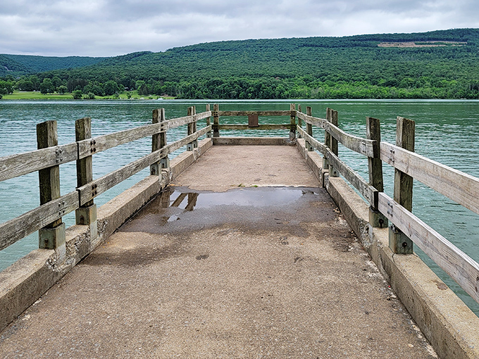 A wooden dock stretches into the emerald waters of Foster Joseph Sayers Reservoir, inviting you to pause and soak in Pennsylvania's version of serenity. 