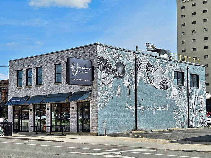 The blue-gray building with its elegant botanical mural isn't just eye-catching&mdash;it's practically whispering "come inside and eat something wonderful."