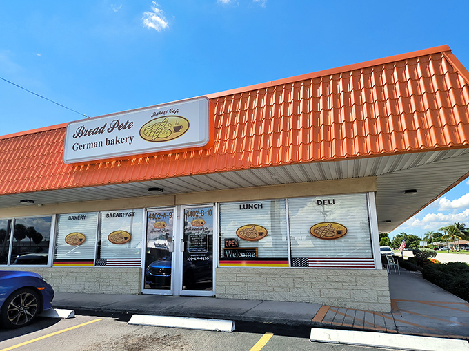 The distinctive orange roof of Bread Pete stands out like a beacon for carb-lovers, promising German baking traditions in the heart of Cape Coral.