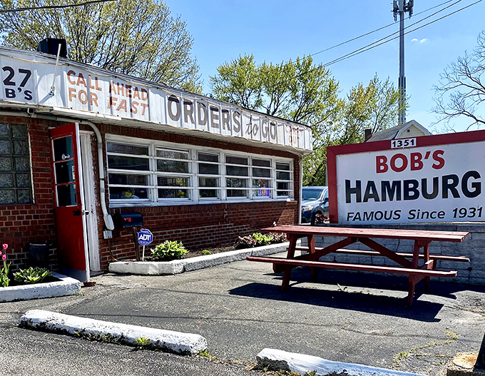Bob's Hamburg sits proudly on its corner, a brick testament to decades of burger perfection.