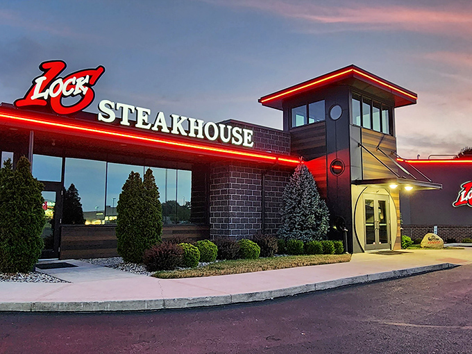 The modern brick exterior of Lock Sixteen Steakhouse stands ready to welcome hungry travelers, like a beacon of hope for empty stomachs on the Ohio horizon.