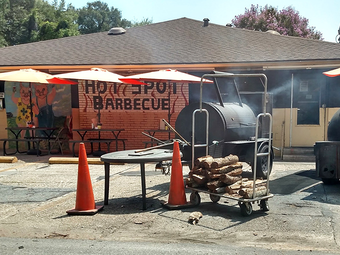 The smoker outside Hot Spot Barbecue isn't just equipment—it's a beacon of hope for hungry travelers seeking barbecue salvation in Pensacola.