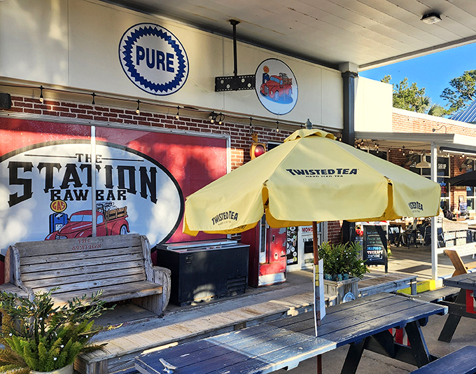 The ultimate plot twist in dining: a former gas station transformed into seafood heaven. The vintage canopy now shelters hungry travelers instead of fuel-thirsty cars.