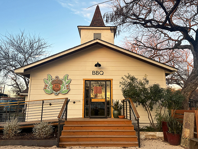The chapel-like exterior of Micklethwait Barbecue promises a religious experience for your taste buds. The steeple is basically saying "worship here."