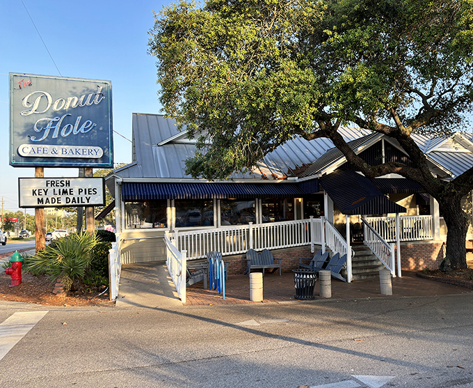 The iconic blue sign beckons hungry travelers like a breakfast lighthouse on Destin's shoreline. Fresh key lime pies made daily? Say no more.
