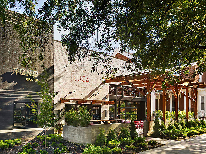 LUCA's exterior blends rustic charm with modern elegance, that wooden pergola practically whispering "come inside, the pasta's waiting" to passersby on James Street.