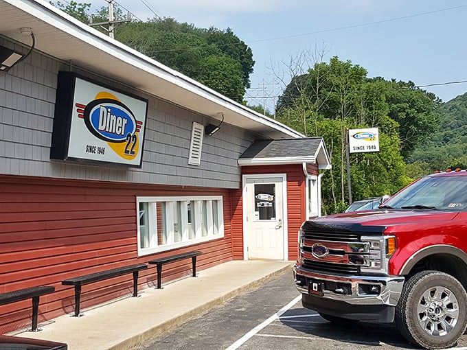 The classic red siding of Diner 22 stands as a beacon of hope for hungry travelers &ndash; proof that sometimes the best meals hide in plain sight.