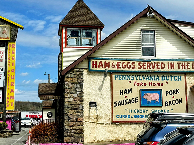 The stone facade and pink trim of Hickory Valley Farm Restaurant stand out like Broadway lights in the Pocono Mountains—a delicious prelude to what awaits inside.