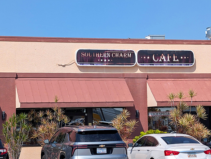 Southern Charm Cafe's exterior whispers "come in" while your stomach shouts "YES PLEASE!"