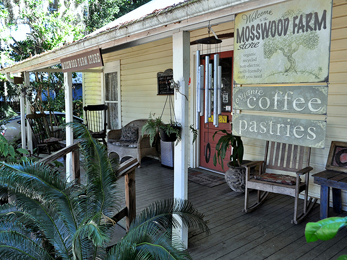 The yellow clapboard exterior of Mosswood Farm Store beckons like a time machine to Old Florida, complete with rocking chairs that practically whisper "sit a spell."