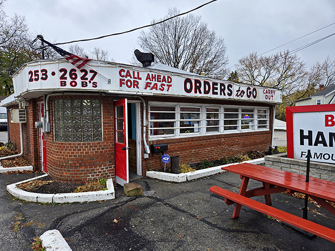 Bob's Hamburg sits proudly on its corner, a brick testament to decades of burger perfection.