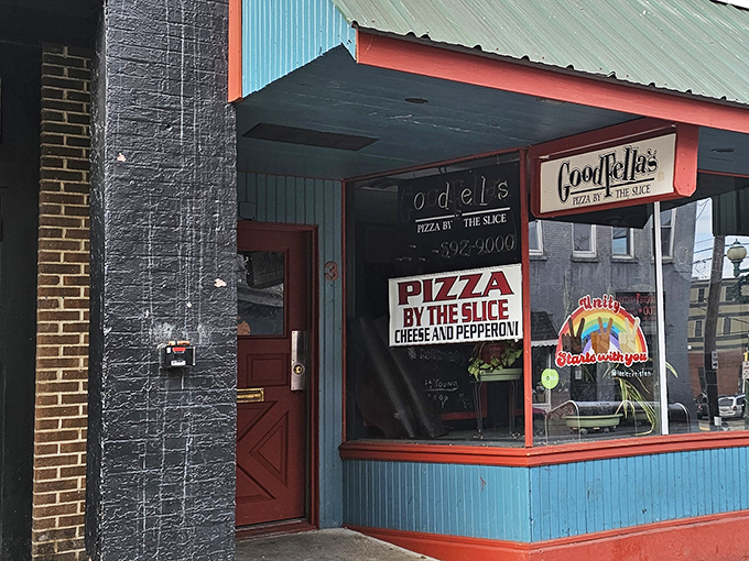 The iconic blue exterior of Goodfellas Pizza stands as a beacon of hope for the hungry in Athens, Ohio.