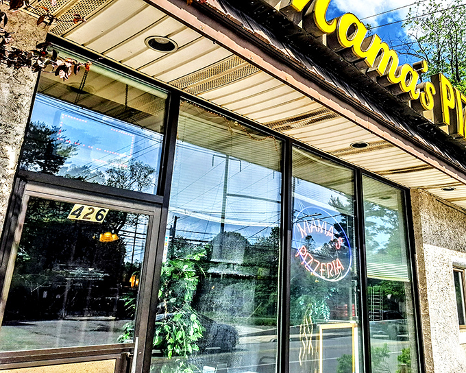 The iconic yellow Mama's Pizzeria sign stands out like a beacon of hope for the hungry, framed by cherry blossoms that seem to celebrate its very existence.
