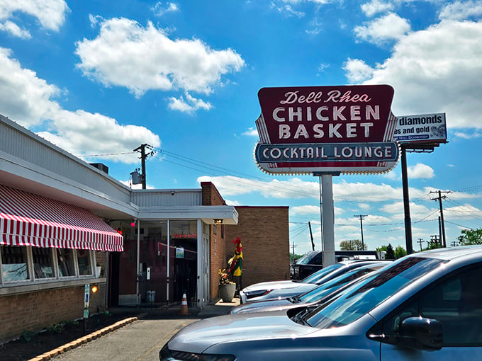 The iconic red and white awnings of Dell Rhea's welcome hungry travelers like a beacon of fried chicken salvation along Route 66.