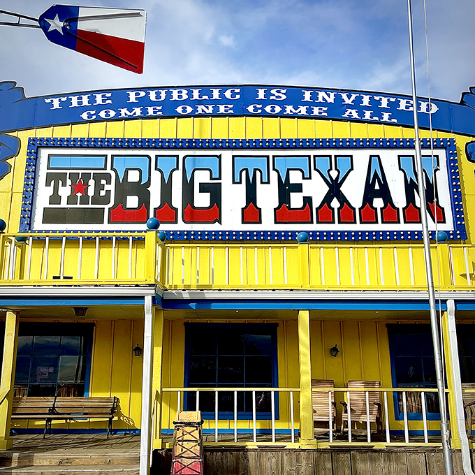 The yellow facade of The Big Texan shines like a beacon of beef-related hope on the Texas horizon. Those flags aren't just for show&mdash;they're summoning you to steak paradise. 