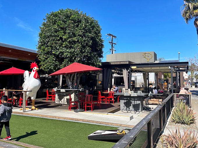 The giant chicken statue standing guard outside The Crack Shack isn't just decoration&mdash;it's a beacon calling to hungry souls across San Diego's Little Italy neighborhood.