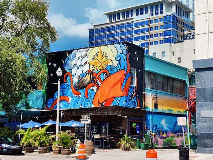 The vibrant nautical mural adorning The Galley's exterior isn't just art&mdash;it's a colorful promise of the seafood treasures waiting inside.