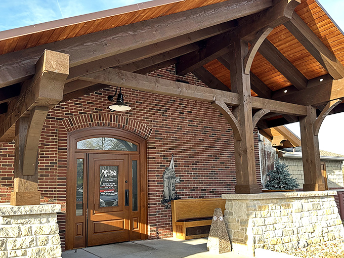 The sturdy brick exterior of Whitey's stands like a culinary fortress, promising comfort and satisfaction within its rustic walls.