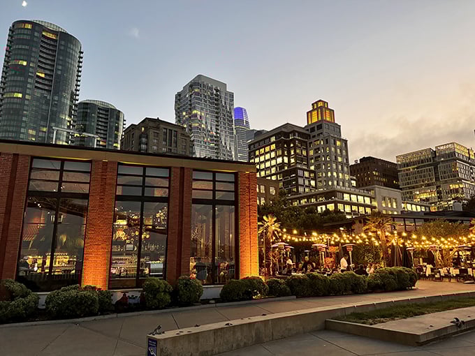 Waterbar at twilight&mdash;where San Francisco's skyline serves as the ultimate dinner date backdrop. Those string lights aren't just decoration; they're urban fireflies guiding you to seafood nirvana.