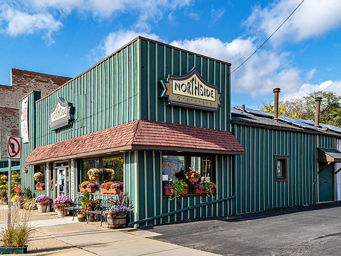 The distinctive green exterior of Northside Grill stands as Ann Arbor's breakfast beacon, complete with flower baskets that say "we care about the details."