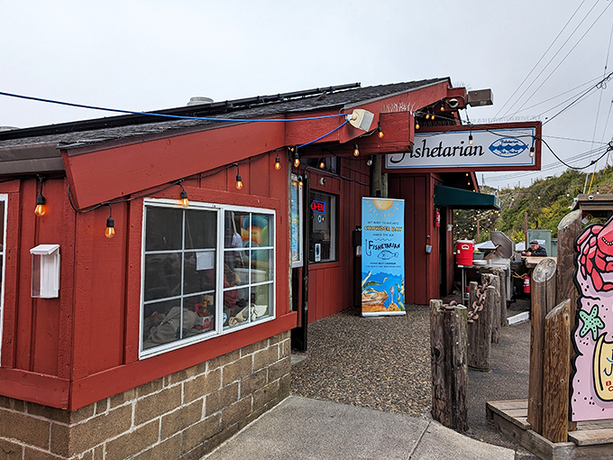 The little red shack that could! Fishetarian's cheerful exterior with its whimsical crab sign promises seafood treasures that would make Neptune himself line up.