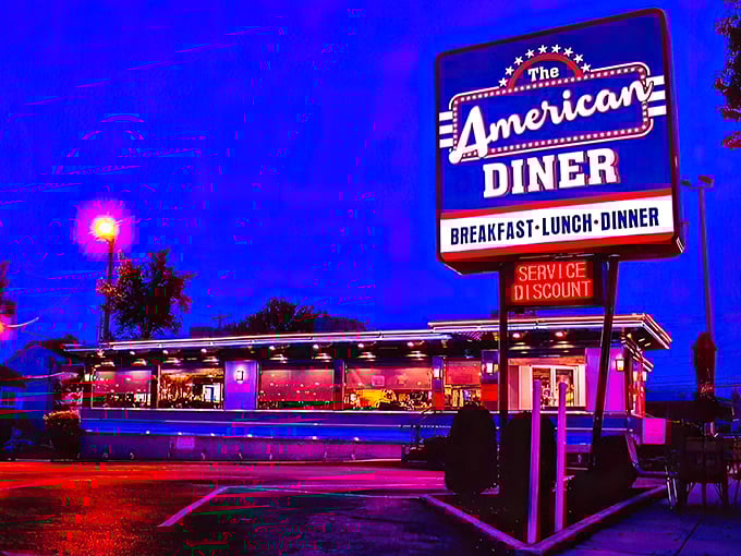 The classic stainless steel exterior with vibrant stripes promises comfort food nirvana before you even step inside.