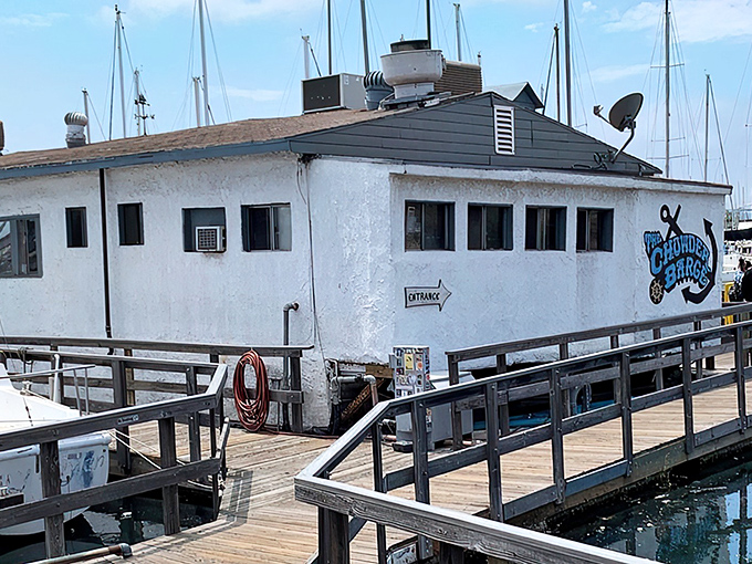 The floating culinary adventure begins! The Chowder Barge's unassuming exterior belies the maritime magic happening inside this Wilmington harbor gem.