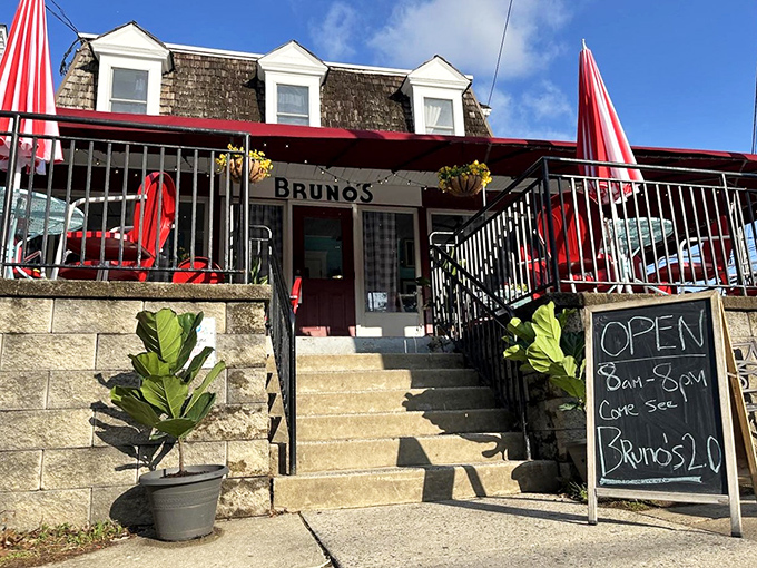 Bruno's charming exterior beckons with its red awnings and inviting porch &ndash; like a neighborhood friend waving you over for breakfast and good conversation.
