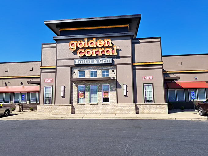 The golden glow of possibility! As dusk settles, this O'Fallon landmark beckons hungry travelers with promises of unlimited culinary adventures inside.