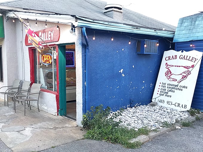 The unassuming exterior of Crab Galley might fool you, but those few chairs outside are Maryland's equivalent of front-row seats at a seafood symphony.