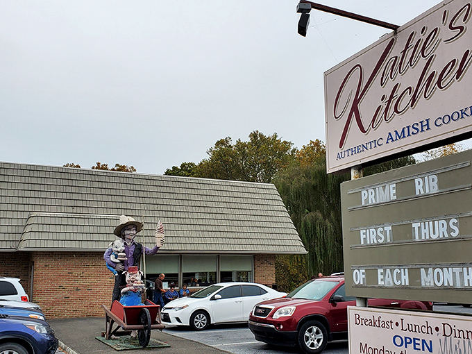 The unassuming exterior of Katie's Kitchen promises no frills, just thrills for your taste buds. That Amish buggy figure knows what's up.