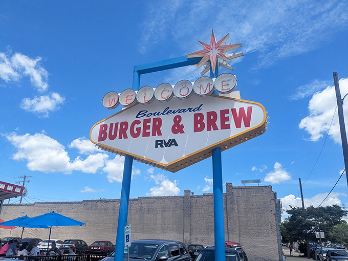 The retro Vegas-meets-1950s sign alone is worth the trip. Boulevard Burger and Brew beckons hungry travelers with mid-century charm and the promise of comfort food paradise.